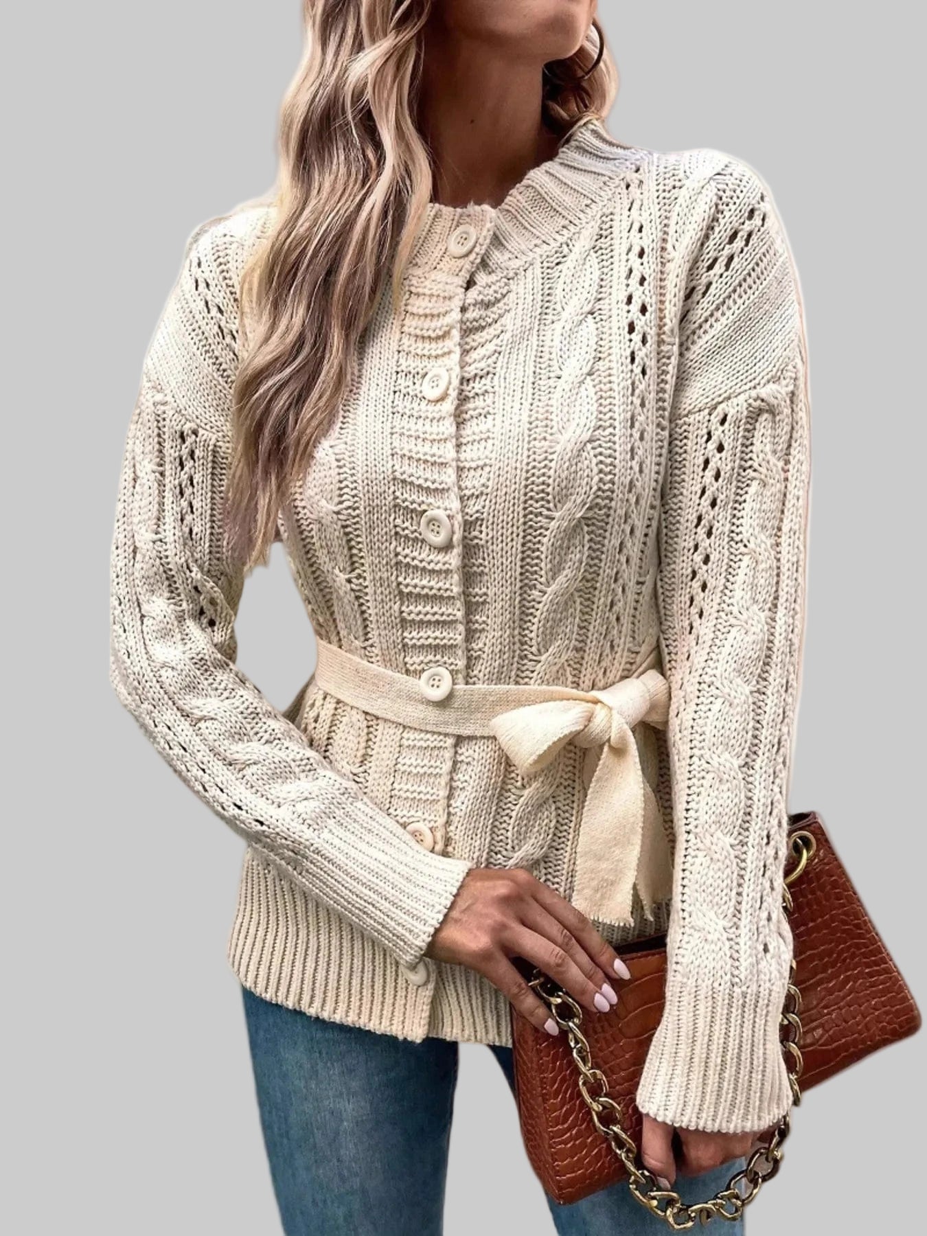 Women's Cable Knit Belted Cardigan with Button Front | The Nichole ...